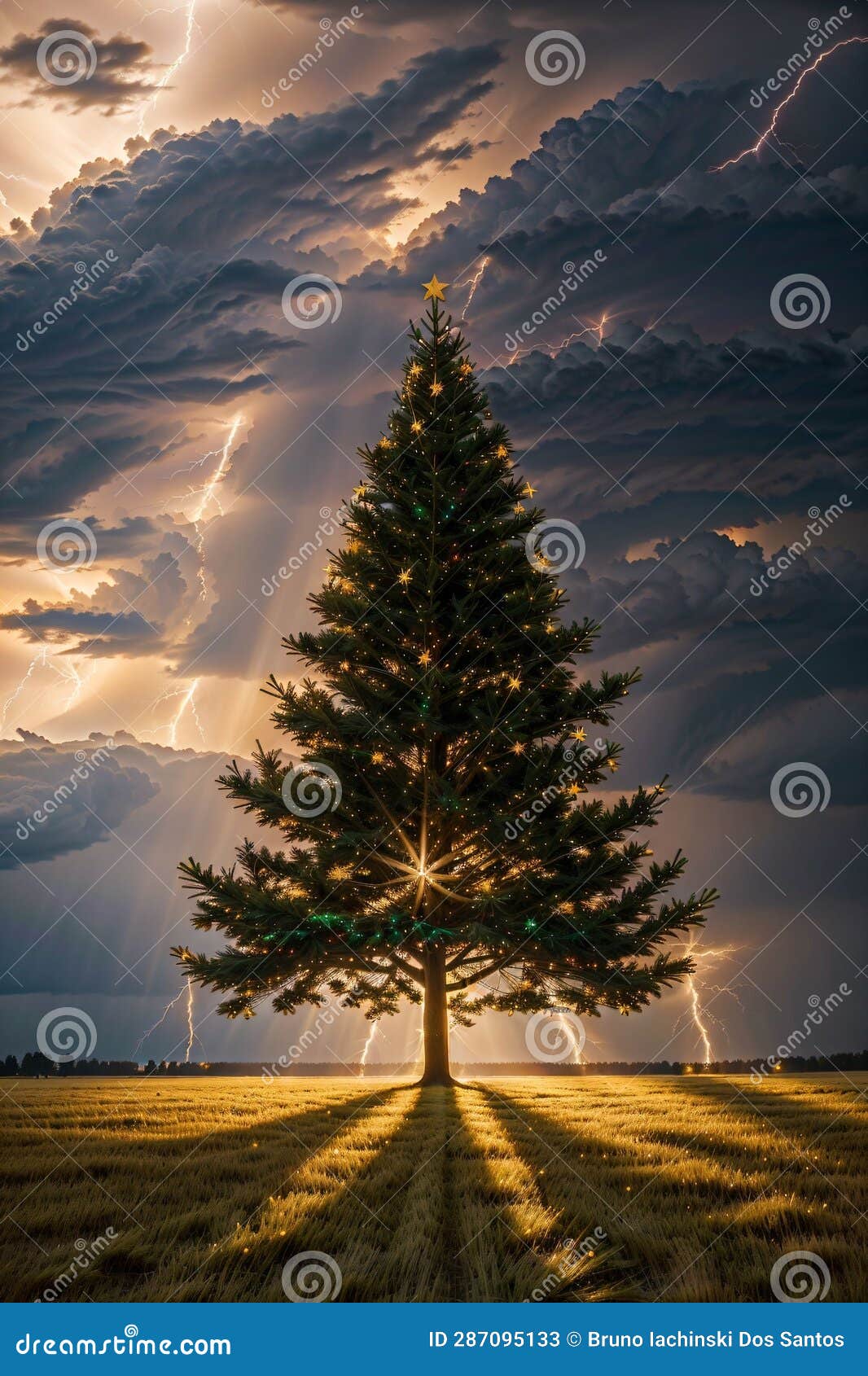 Bright Christmas Tree in a Large Field with Dark Clouds and Lightning ...