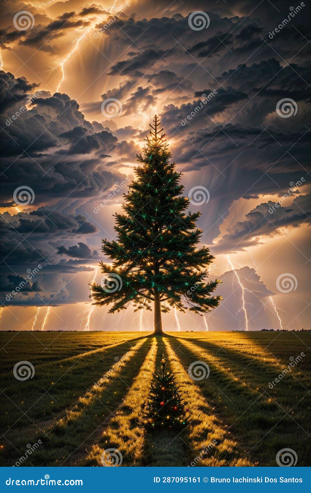 Bright Christmas Tree in a Large Field with Dark Clouds and Lightning ...
