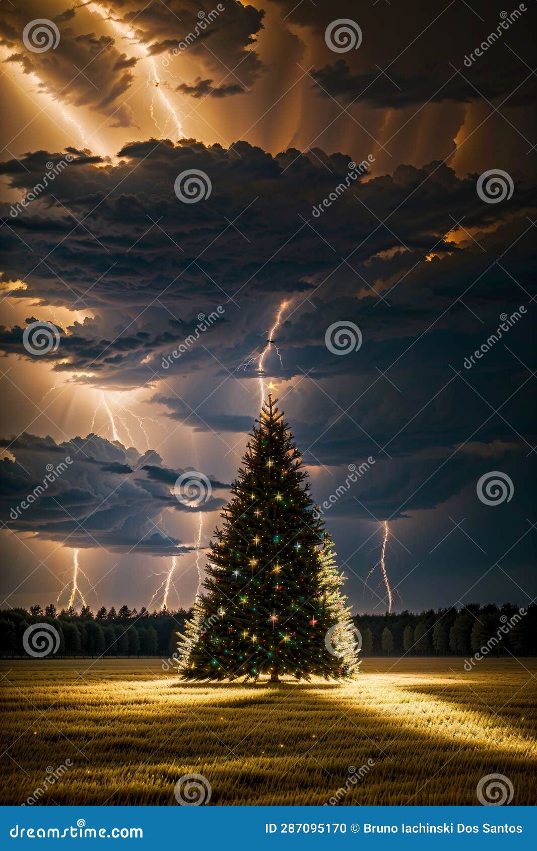 Bright Christmas Tree in a Large Field with Dark Clouds and Lightning ...