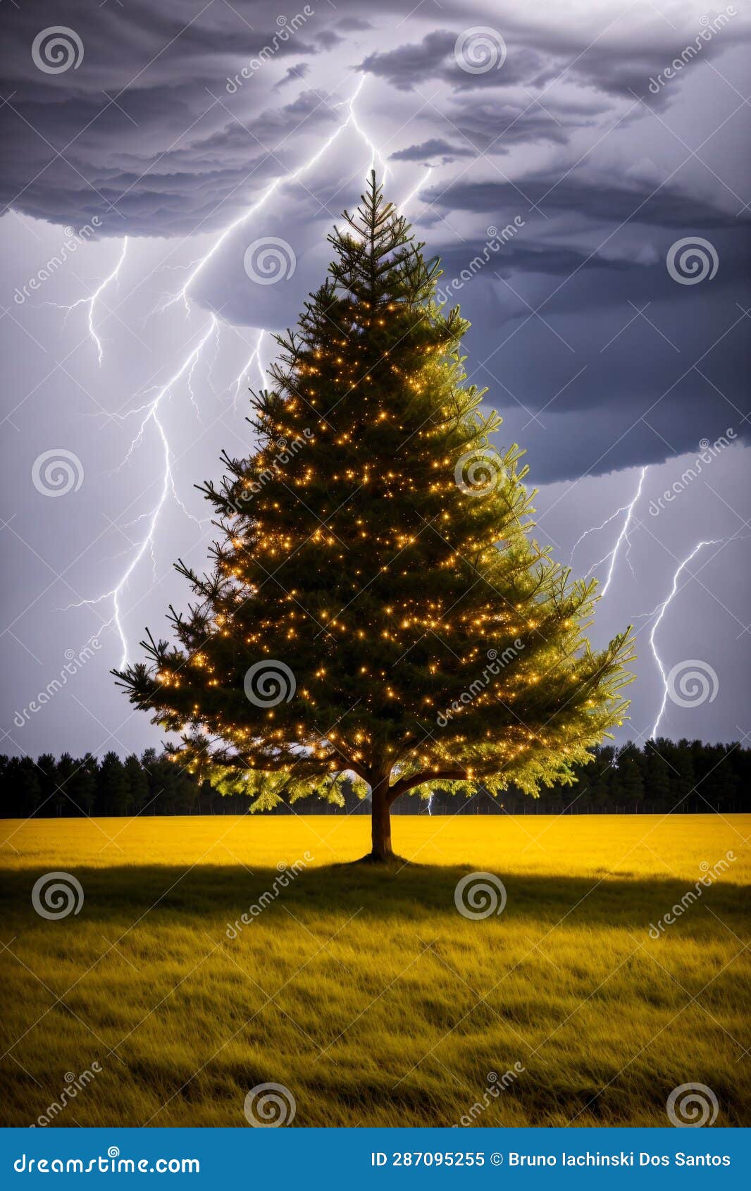 Bright Christmas Tree in a Large Field with Dark Clouds and Lightning ...