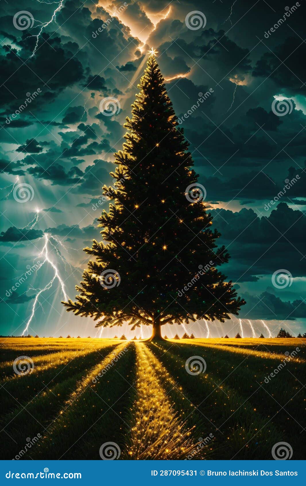 Bright Christmas Tree in a Large Field with Dark Clouds and Lightning ...