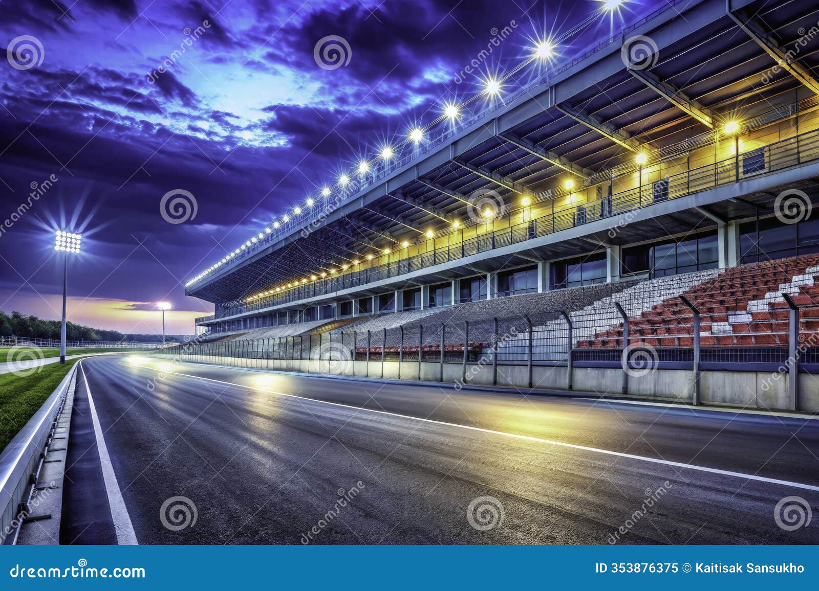 Breathtaking Panorama of an Empty F1 Racing Stadium at Night ...