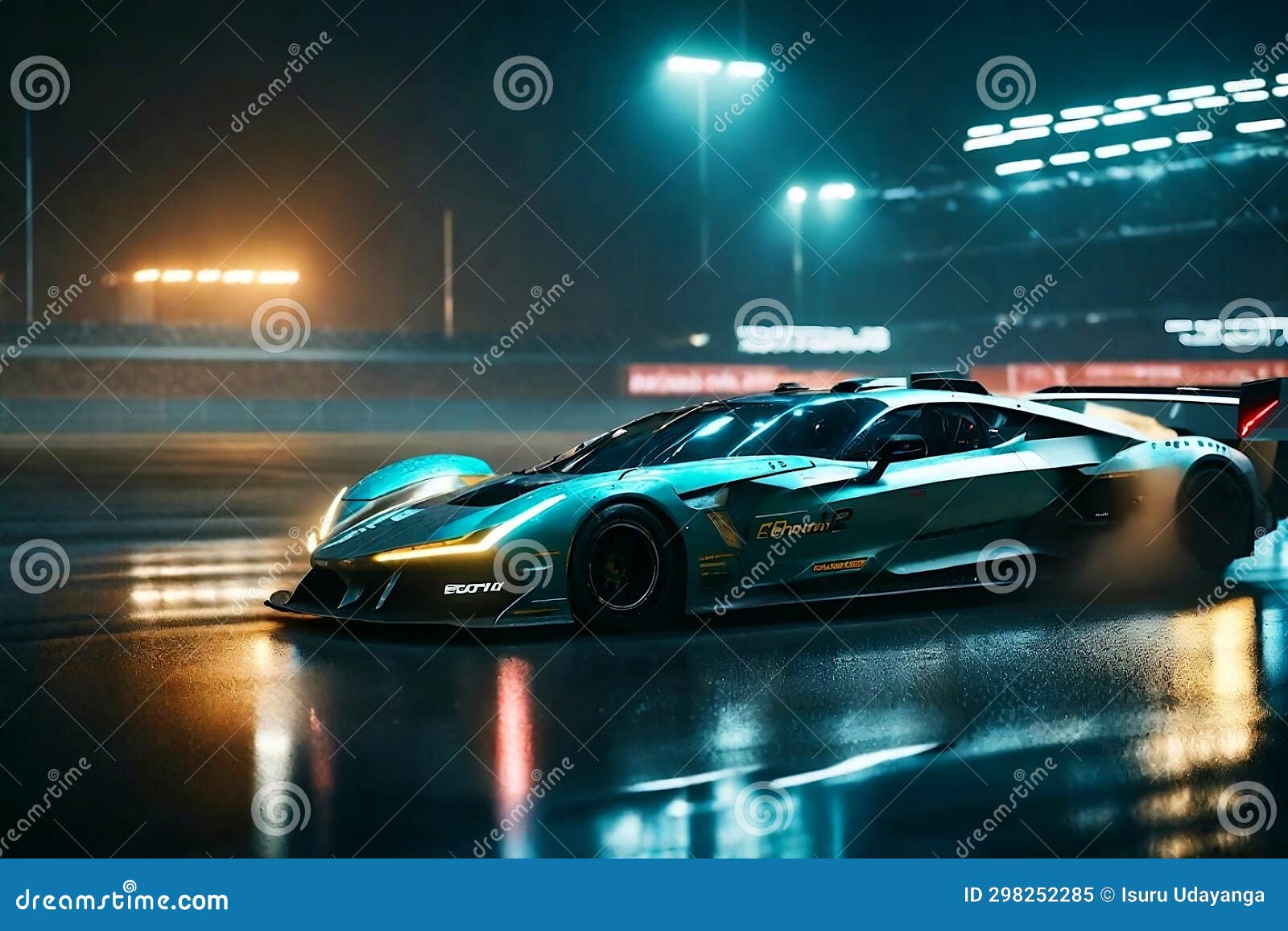High-performance Racing Car Speeds through Rain-soaked Track Stock ...