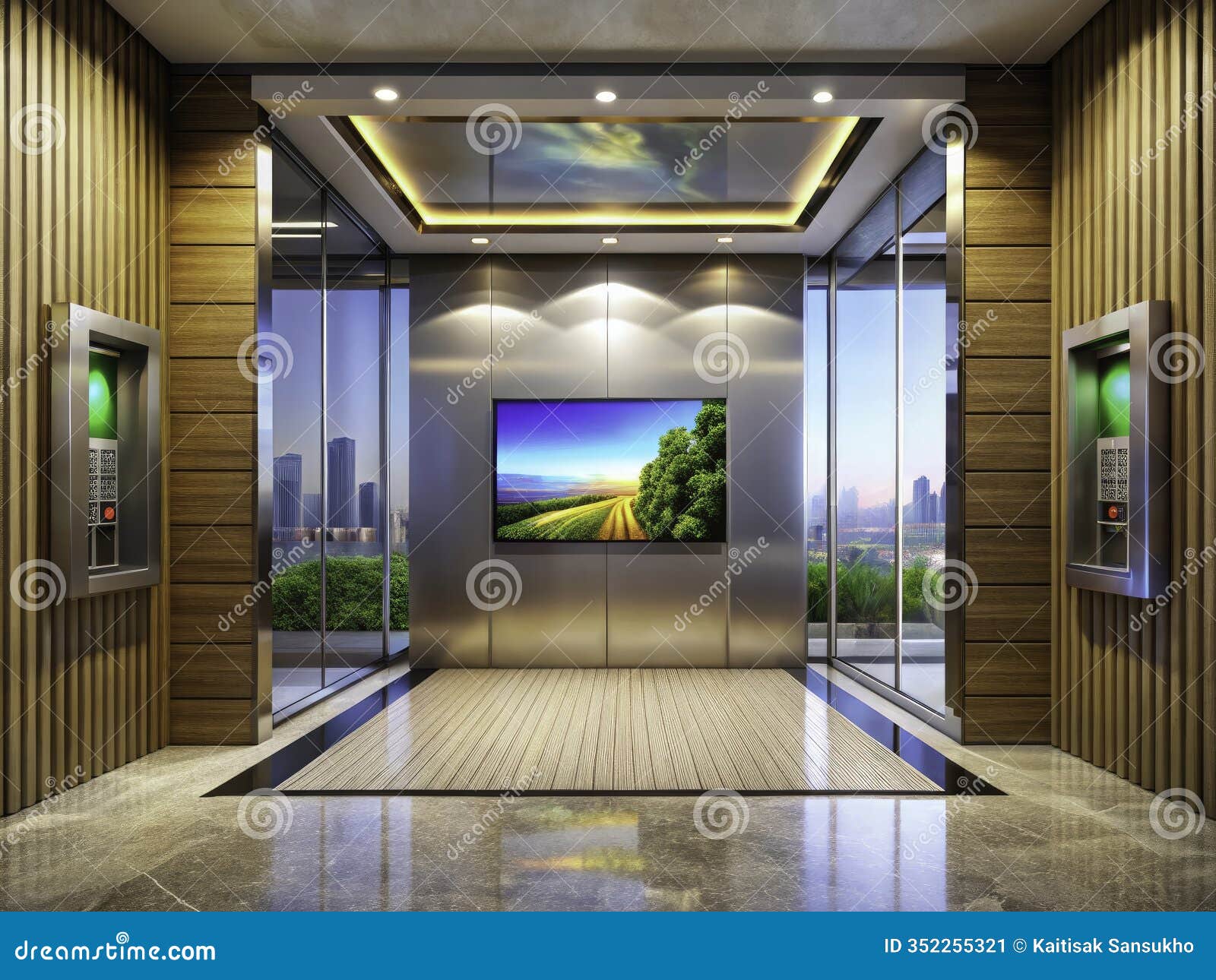 Luxury Hotel Elevator Mockup Contemporary Interior Design with Bokeh Lobby LED Screen and 3D ...