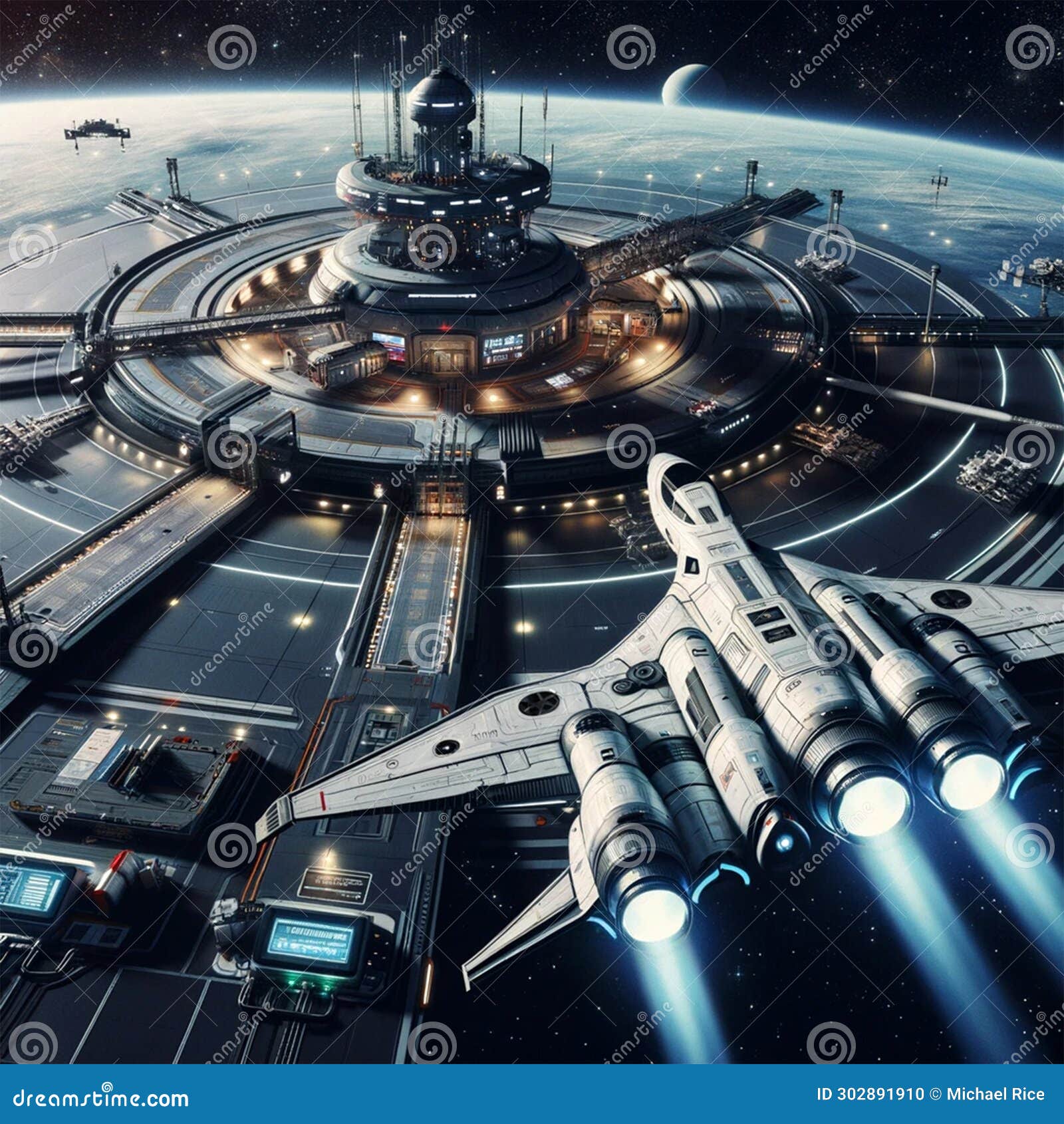 Futuristic Spacecraft Docking At Space Station Stock Photo ...