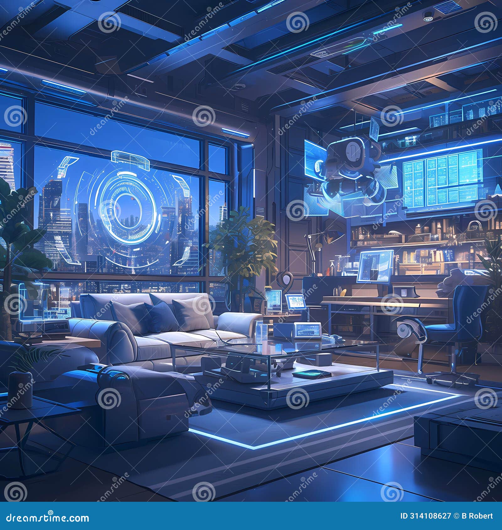 Modern Smart Home Office with Voice Control Stock Illustration ...