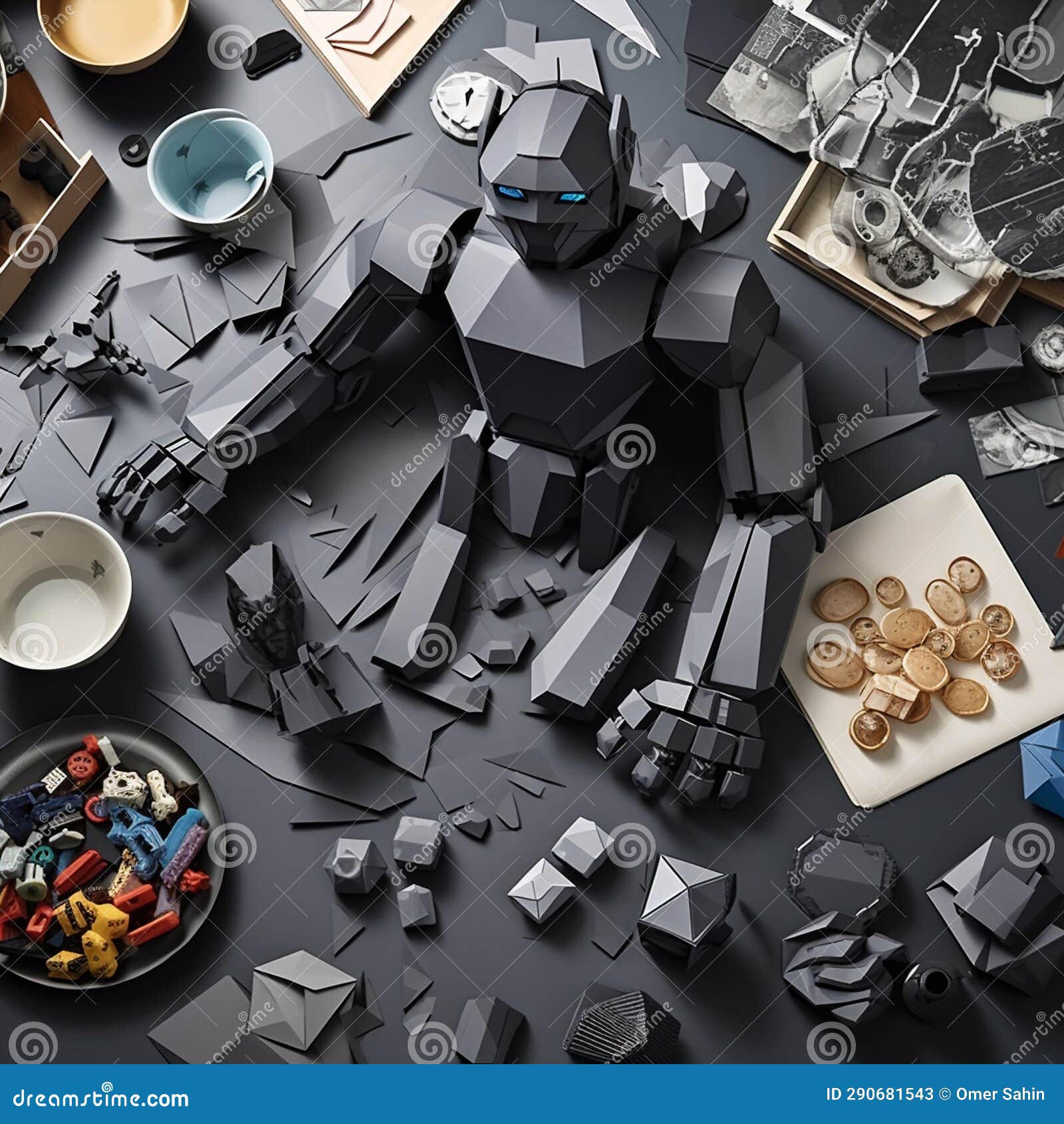 Futuristic Humanoid Robot Sorting Origami Sculptures Stock Image ...