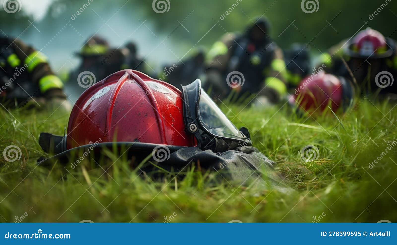 Firefighters Helmet on a Grass in the Forest. Selective Focus ...