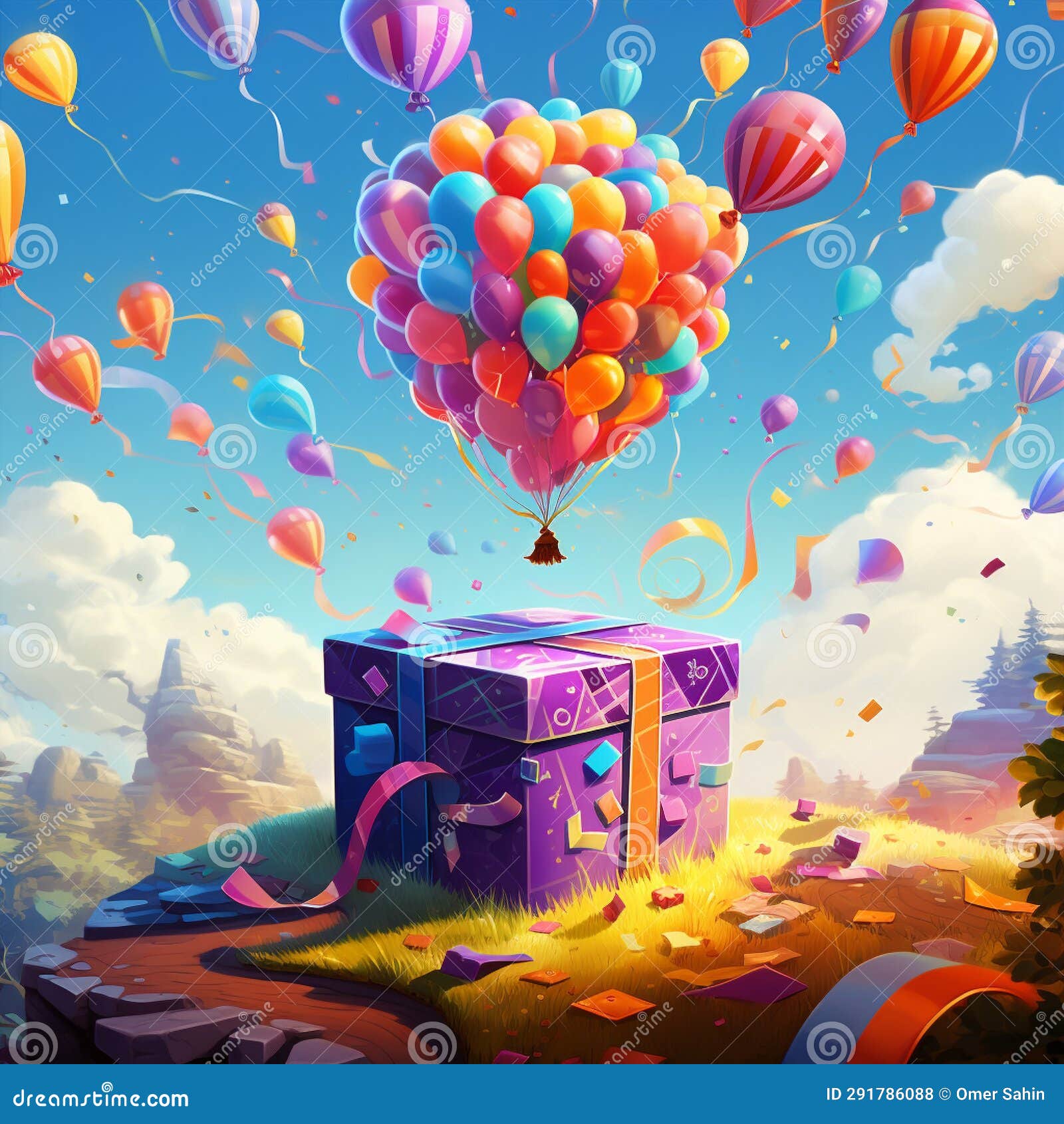 Whimsical Gift Box in Dreamlike Landscape Stock Illustration ...