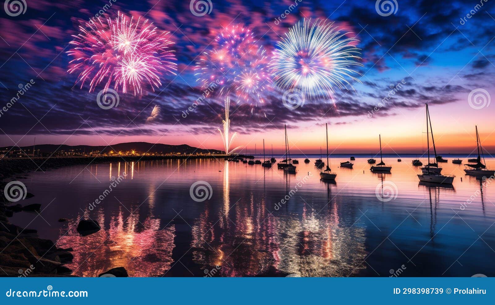 Fireworks Over the Harbor stock image. Image of show - 298398739