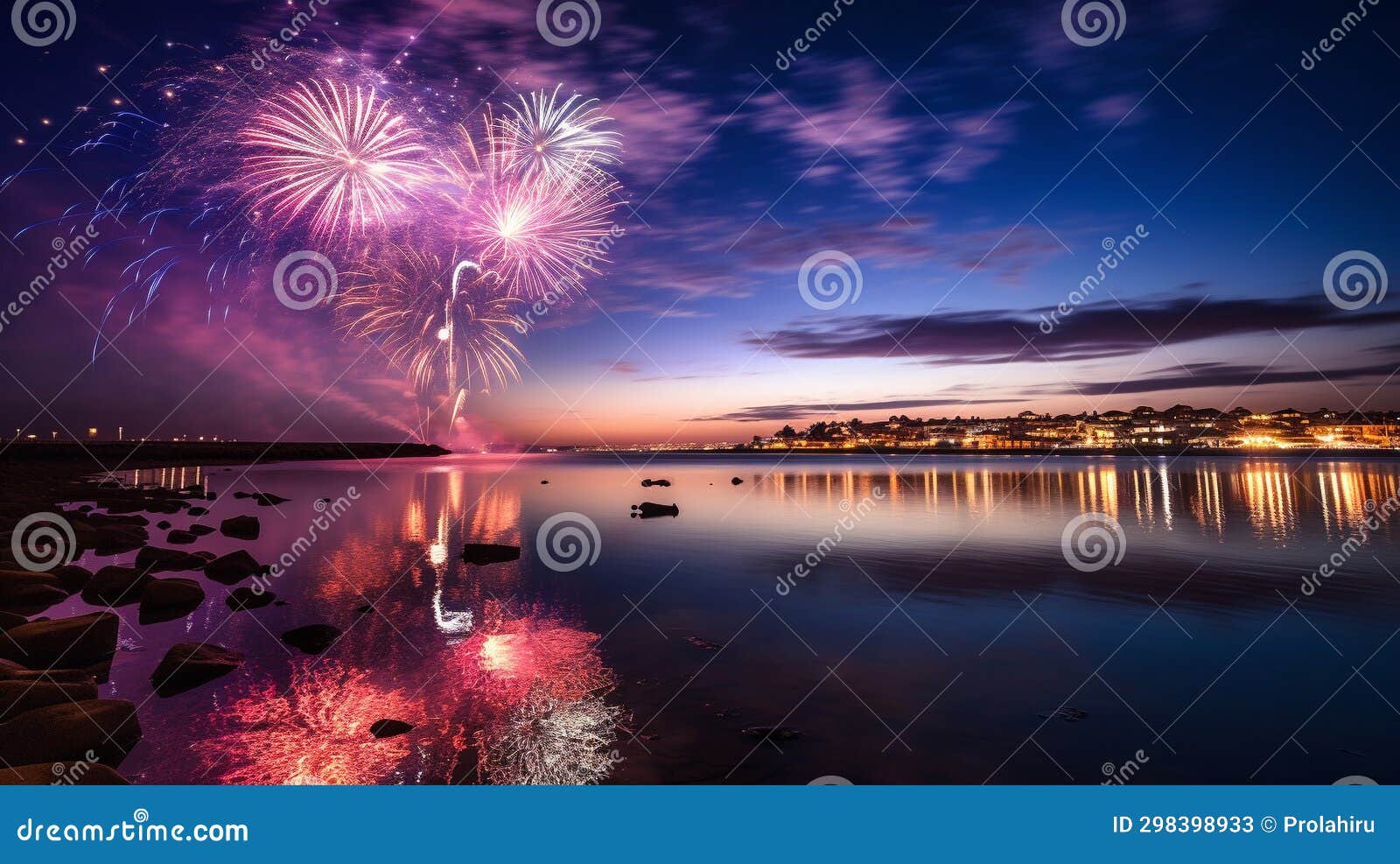 Fireworks Over the Harbor stock image. Image of coastal - 298398933