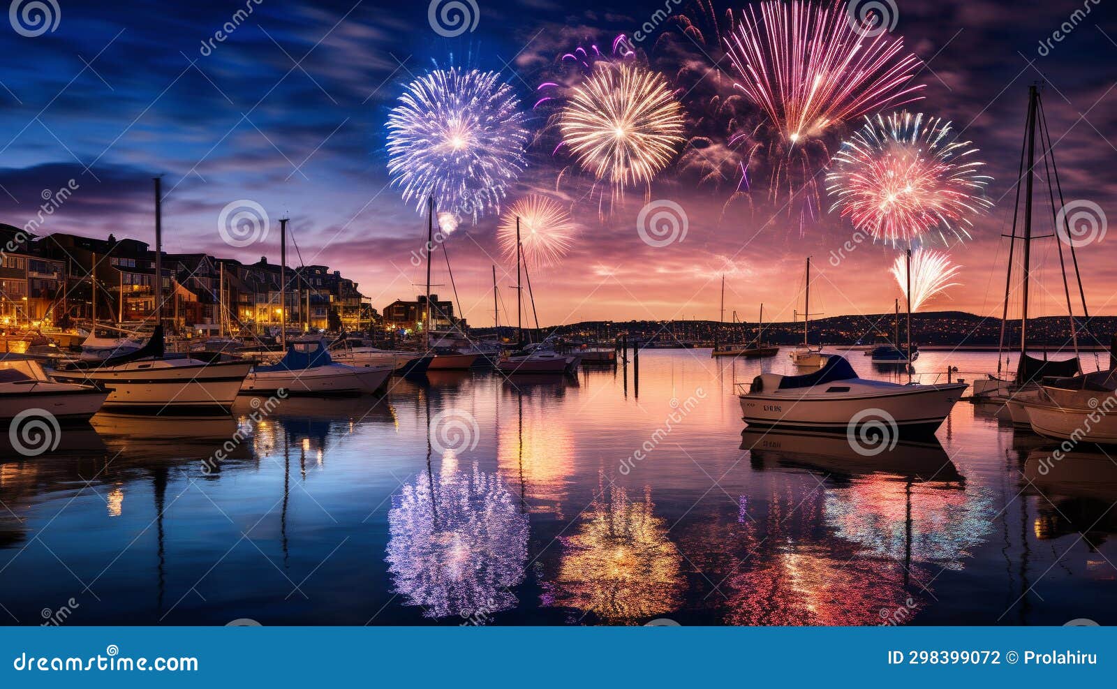 Fireworks Over the Harbor stock photo. Image of night - 298399072