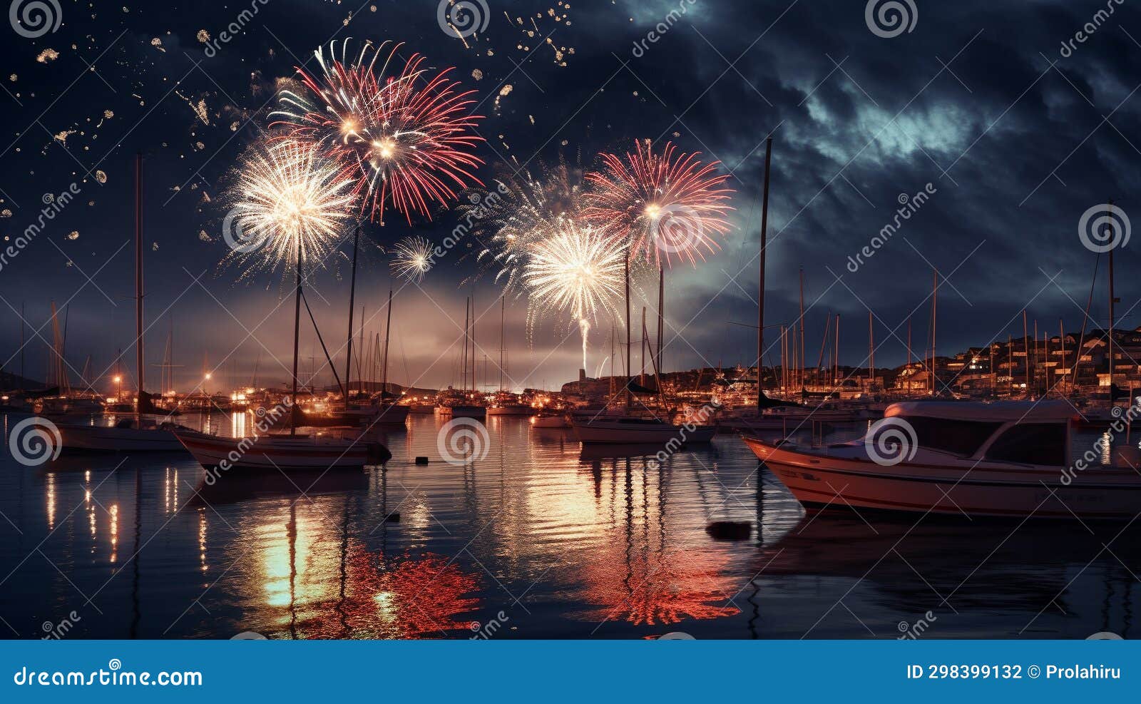 Fireworks Over the Harbor stock photo. Image of colorful - 298399132