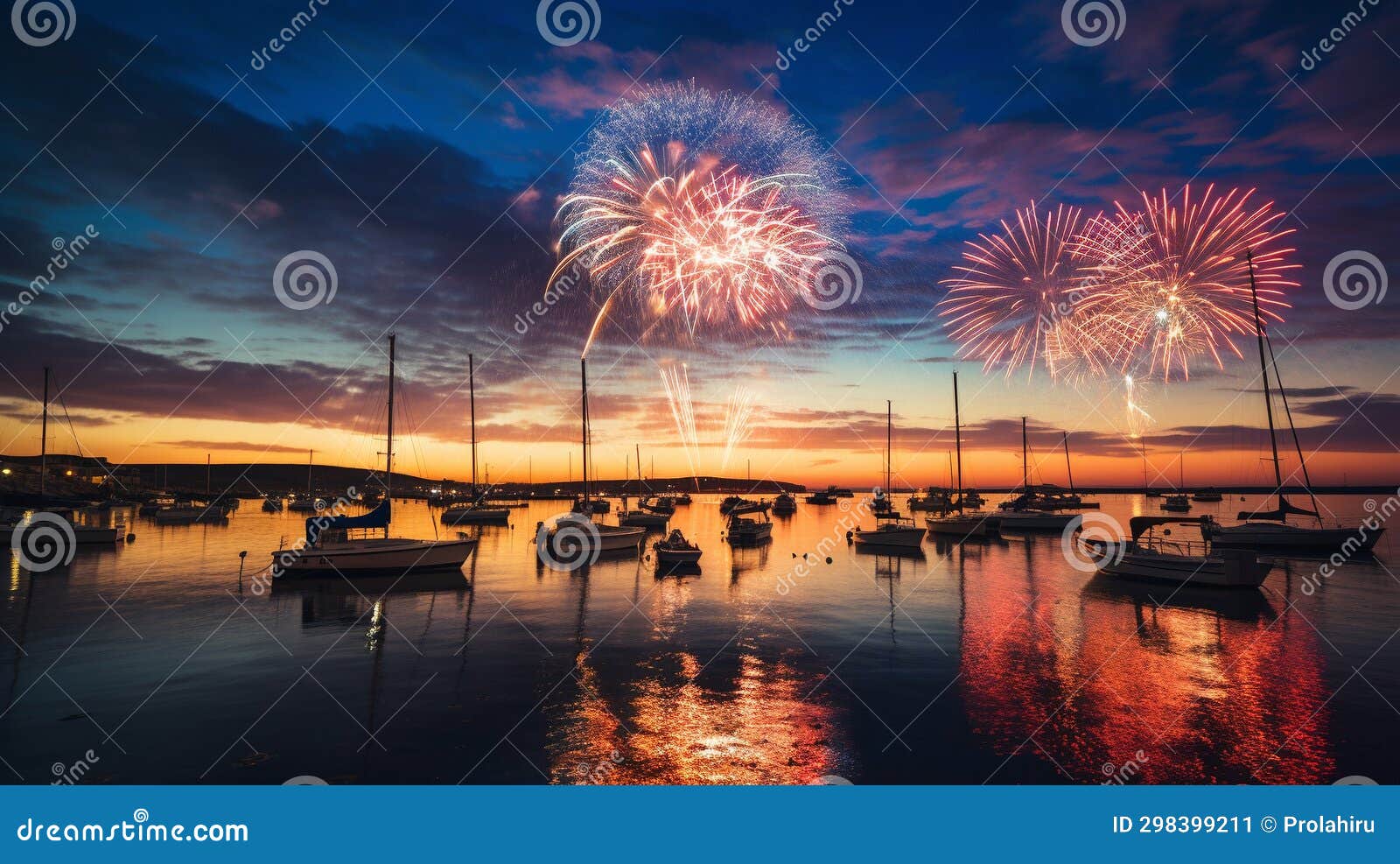 Fireworks Over the Harbor stock image. Image of illumination - 298399211