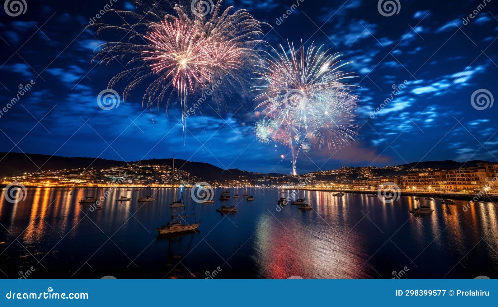 Fireworks Over the Harbor stock illustration. Illustration of sparkling ...
