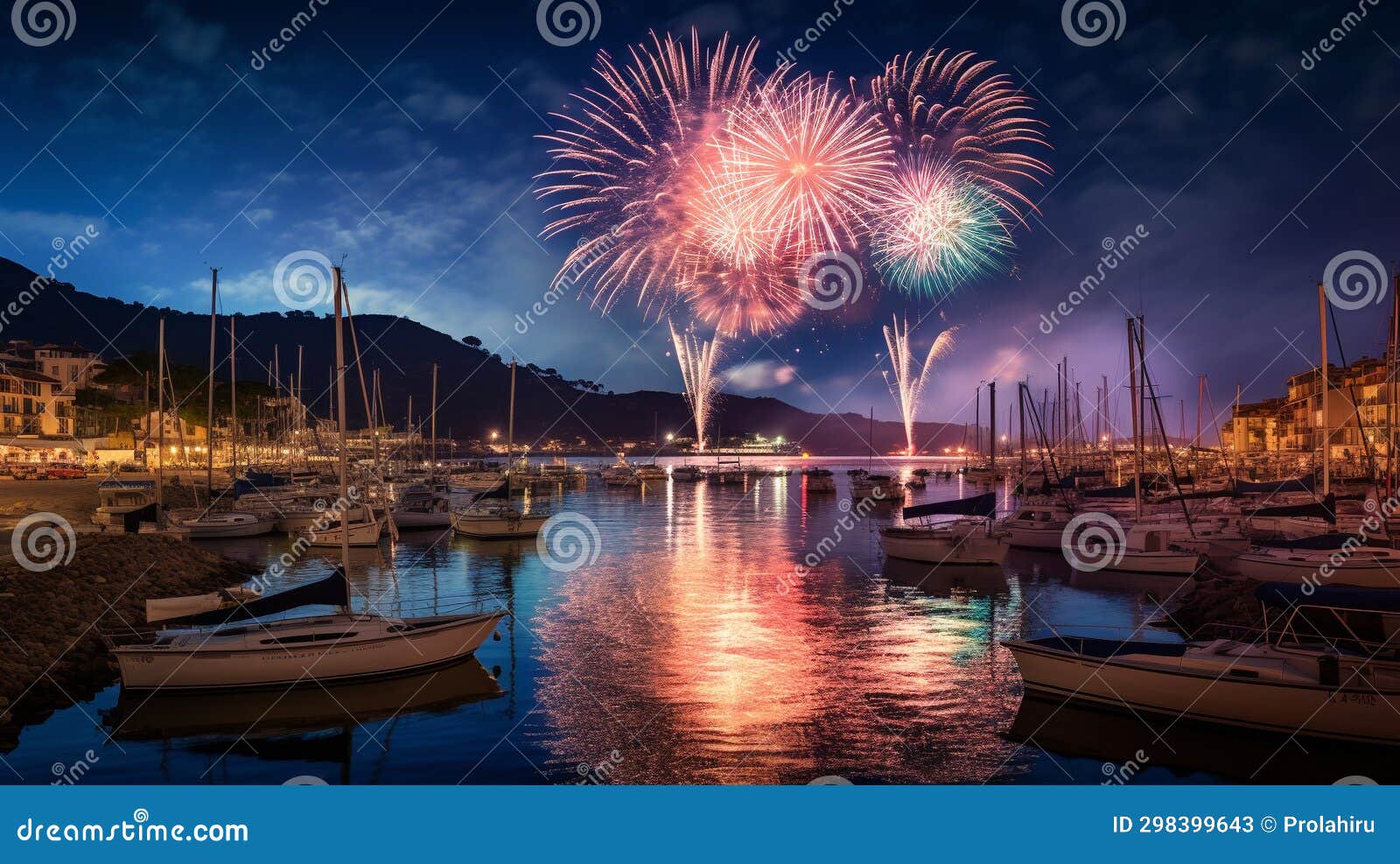 Fireworks Over the Harbor stock image. Image of lights - 298399643
