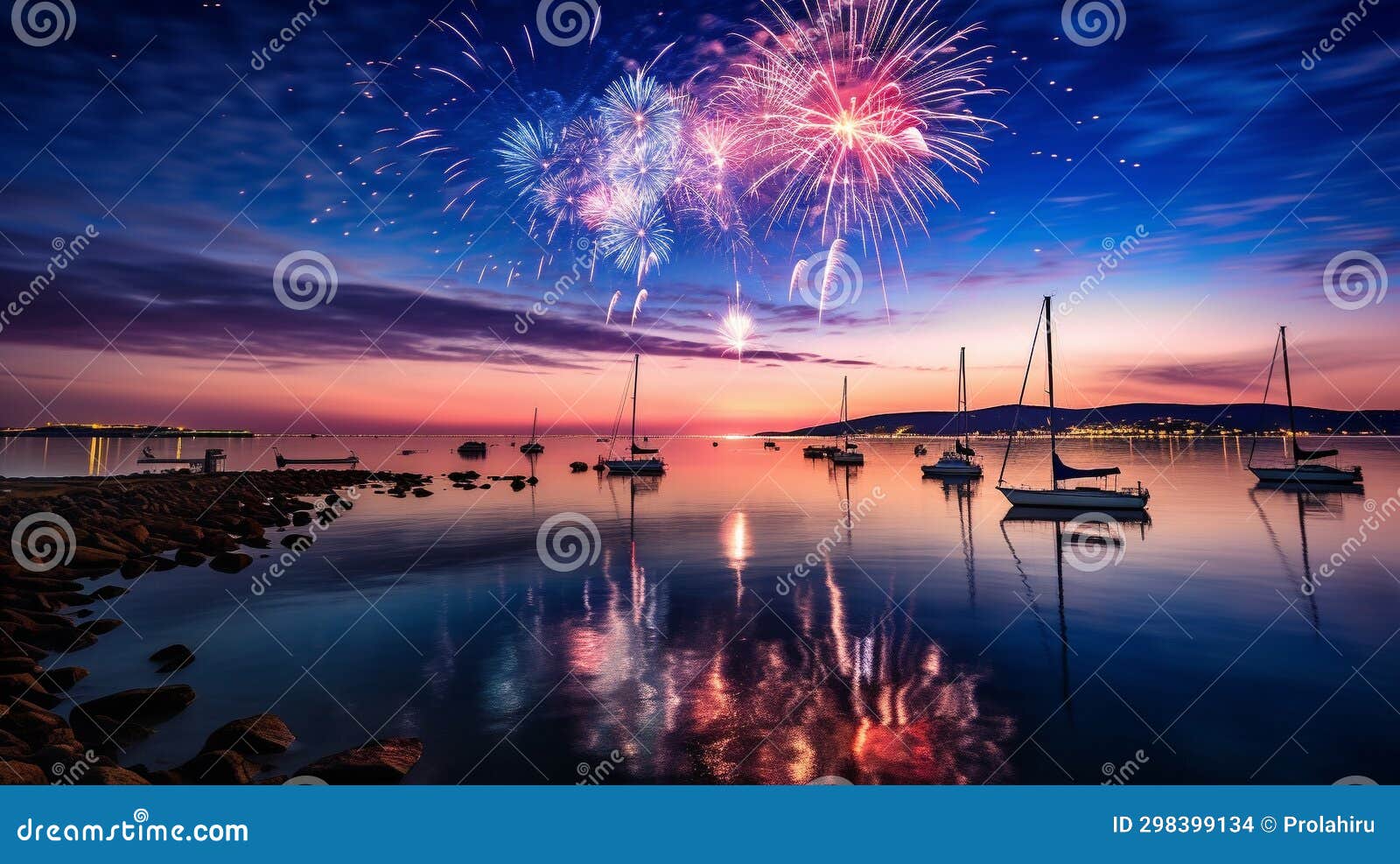 Fireworks Over the Harbor stock photo. Image of night - 298399134