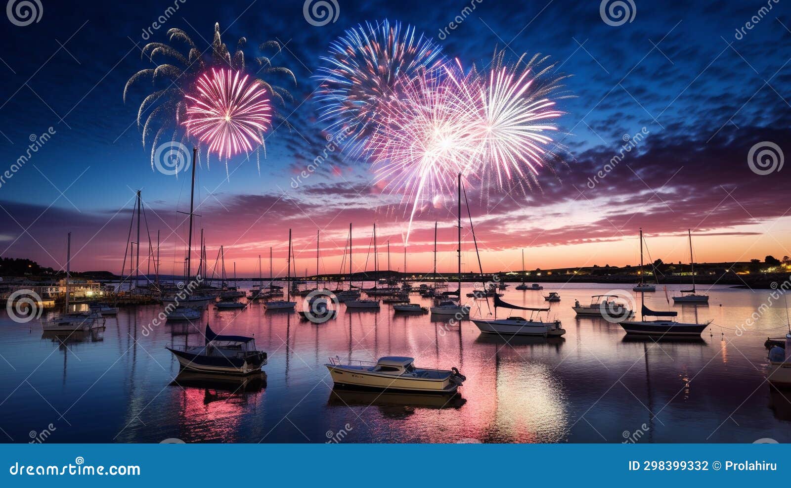 Fireworks Over the Harbor stock illustration. Illustration of lights ...