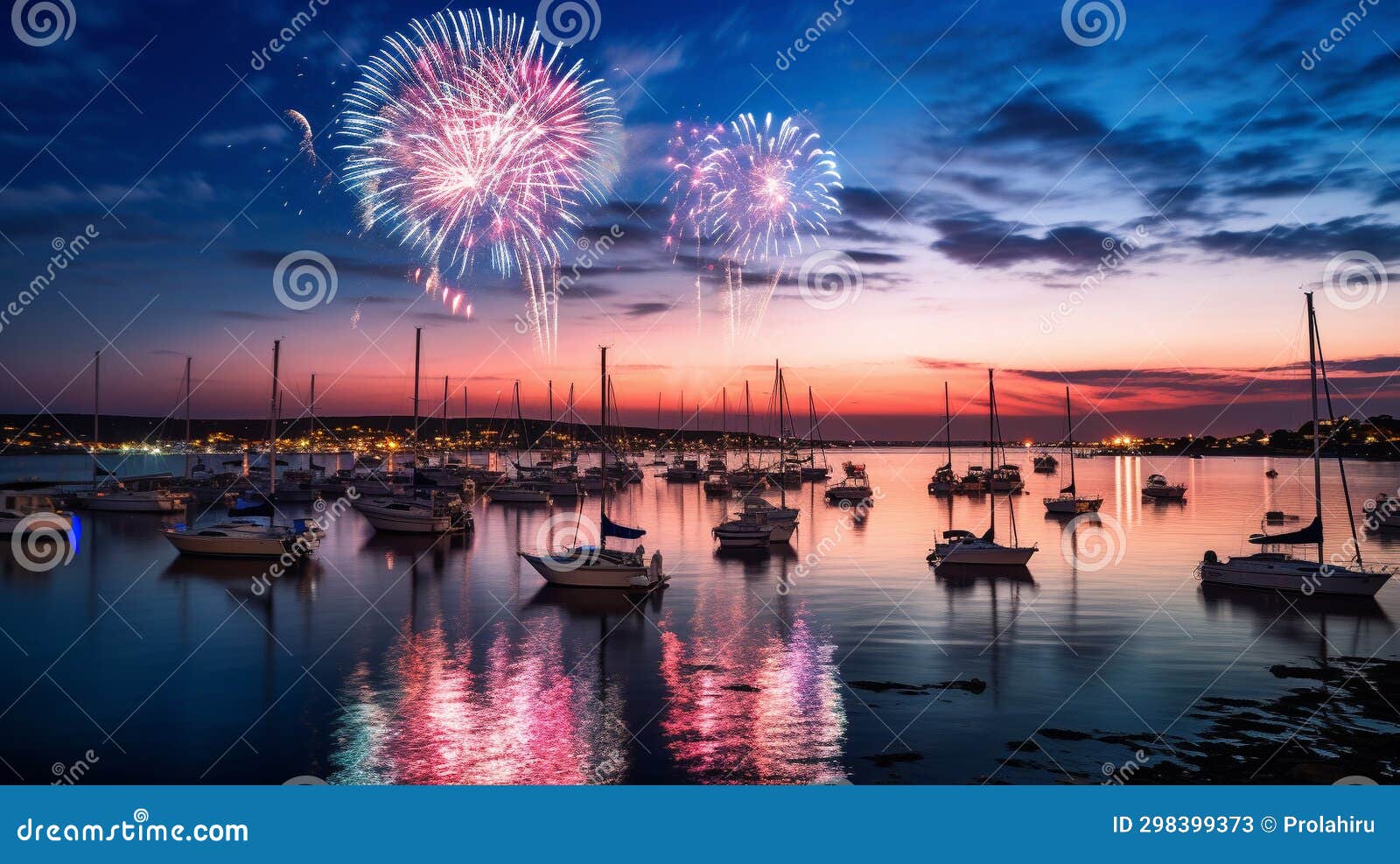 Fireworks Over the Harbor stock image. Image of coastal - 298399373