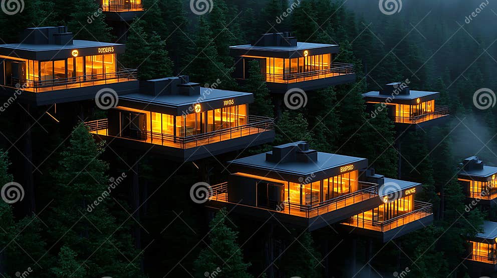 Enchanted Forest with Tiny Offices in Trees Stock Illustration ...