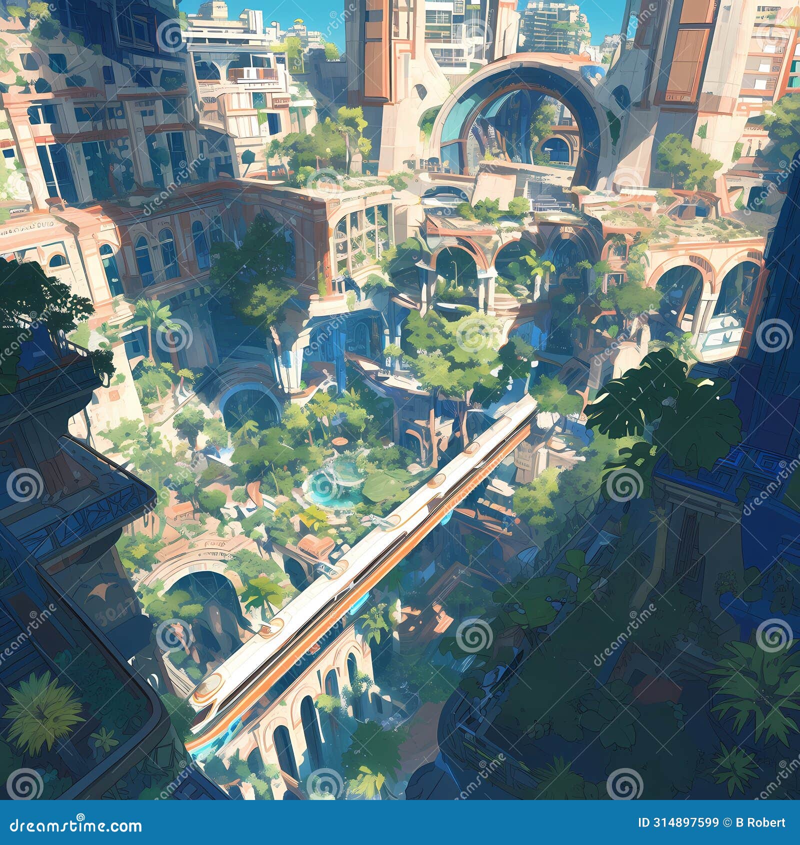 Eco-Friendly Cityscape with Monorail Stock Illustration - Illustration ...