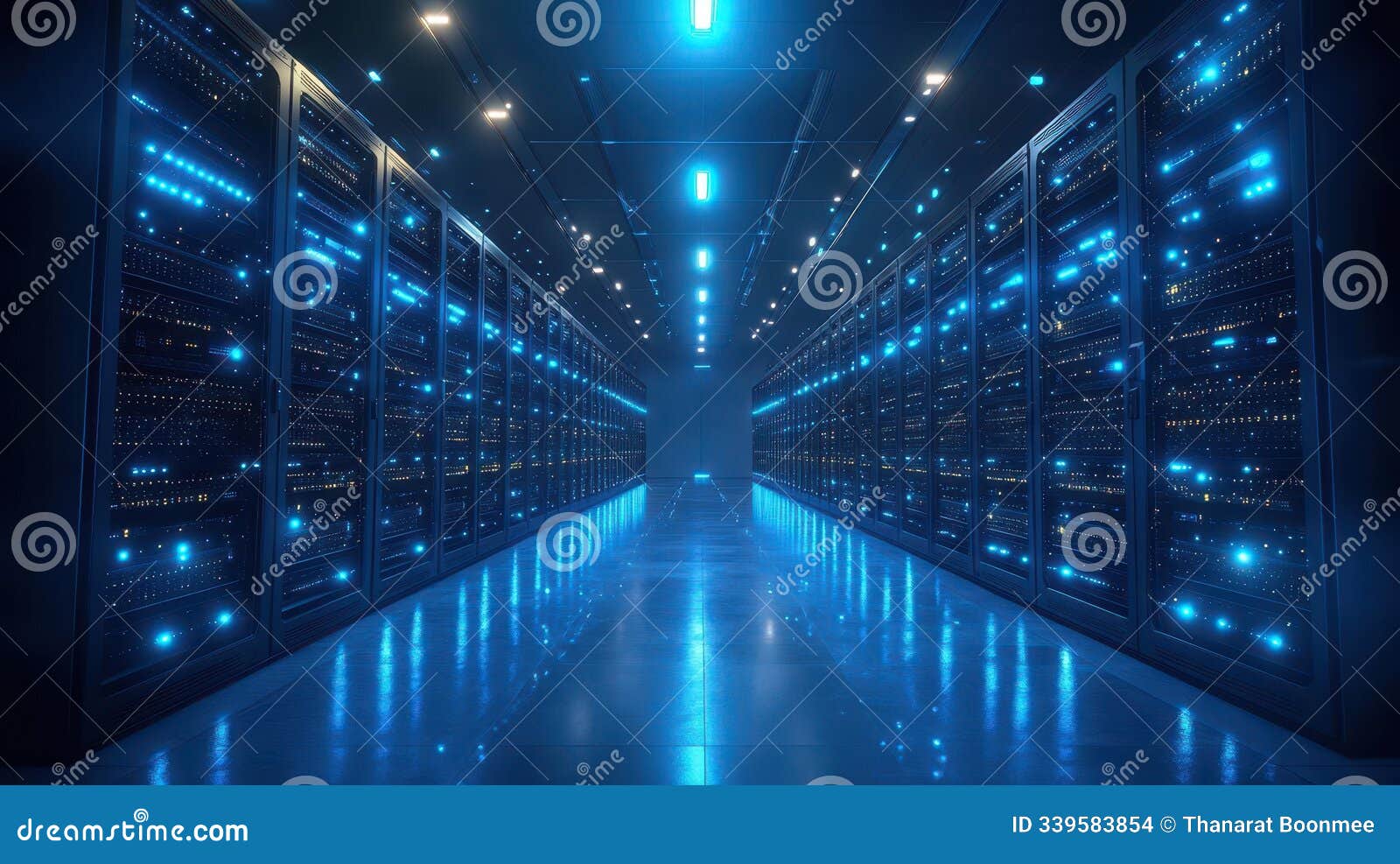 Experience a Modern Data Center Buzzing with Bright Blue Lights, Server ...