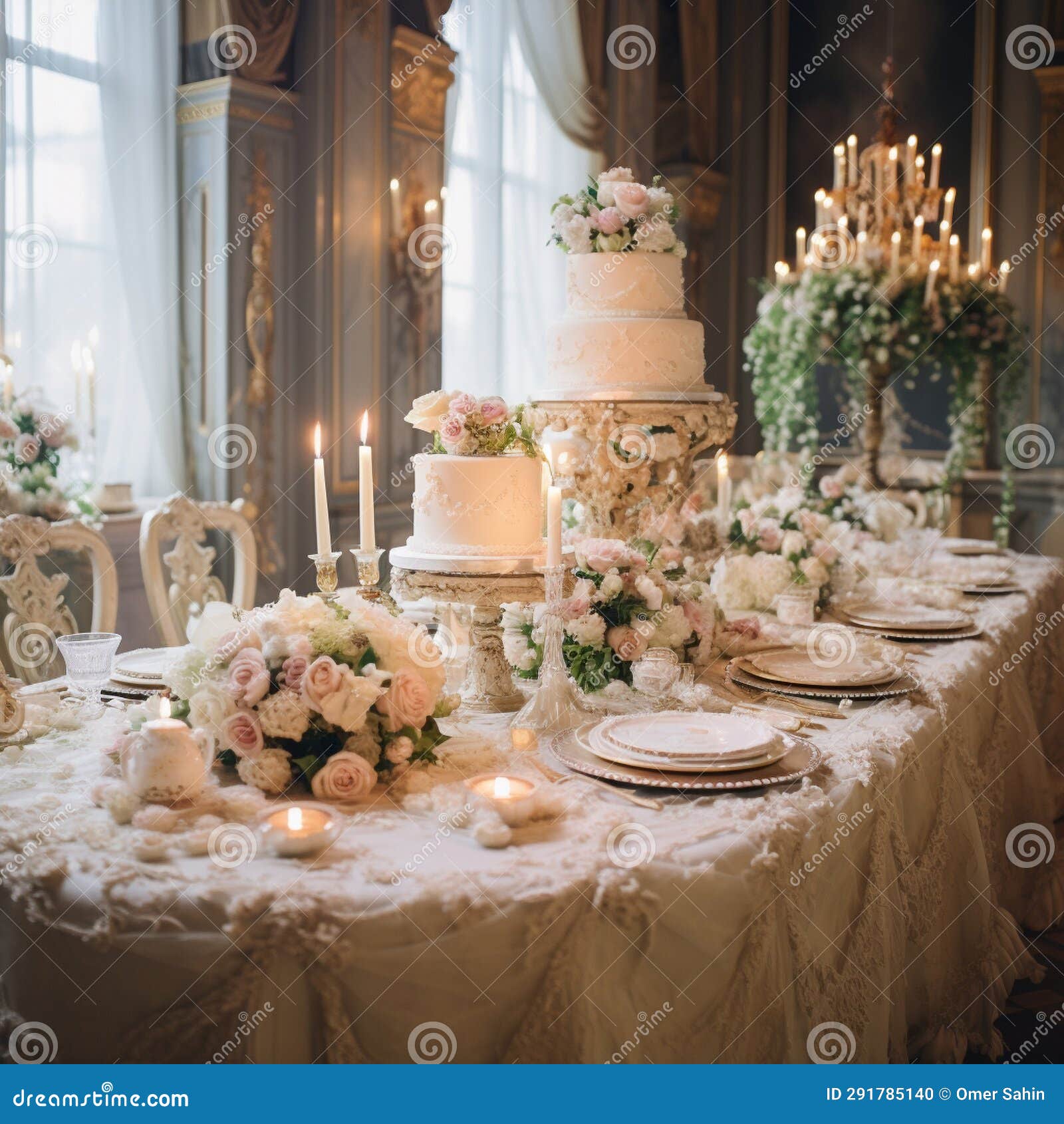 Grand Dining Table with Exquisite Cake As Centerpiece Stock Photo ...