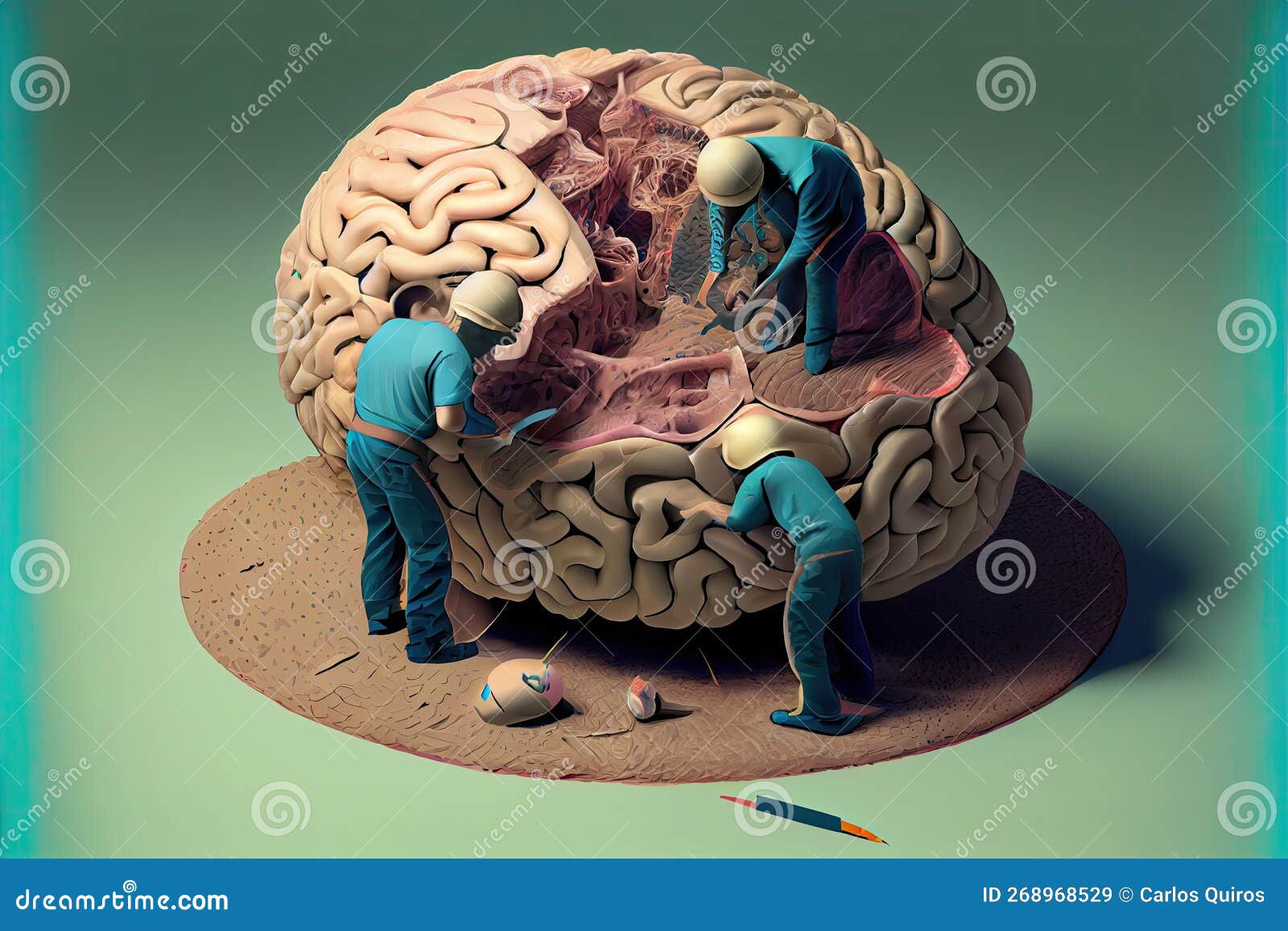 Workers Constructing a Brain. AI Art Generated Stock Illustration ...