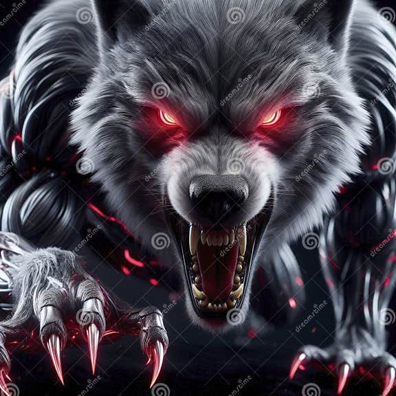 Hyper Realistic Macro of a Fierce Wolf Growling with Sharp Red Eyes on ...
