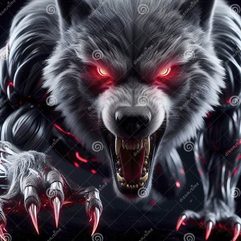 Hyper Realistic Macro of a Fierce Wolf Growling with Sharp Red Eyes on ...