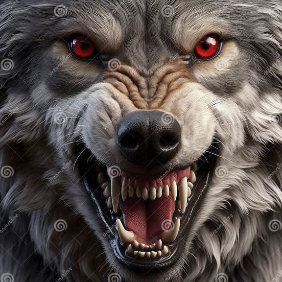 Hyper Realistic Macro of a Fierce Wolf Growling with Sharp Red Eyes on ...