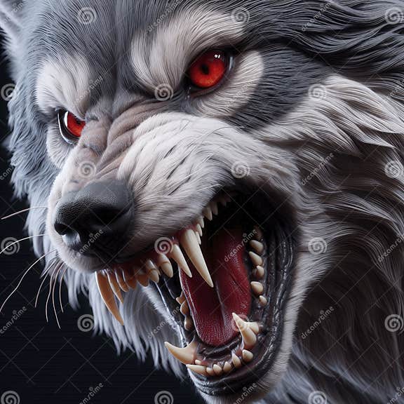 Hyper Realistic Macro of a Fierce Wolf Growling with Sharp Red Eyes on ...