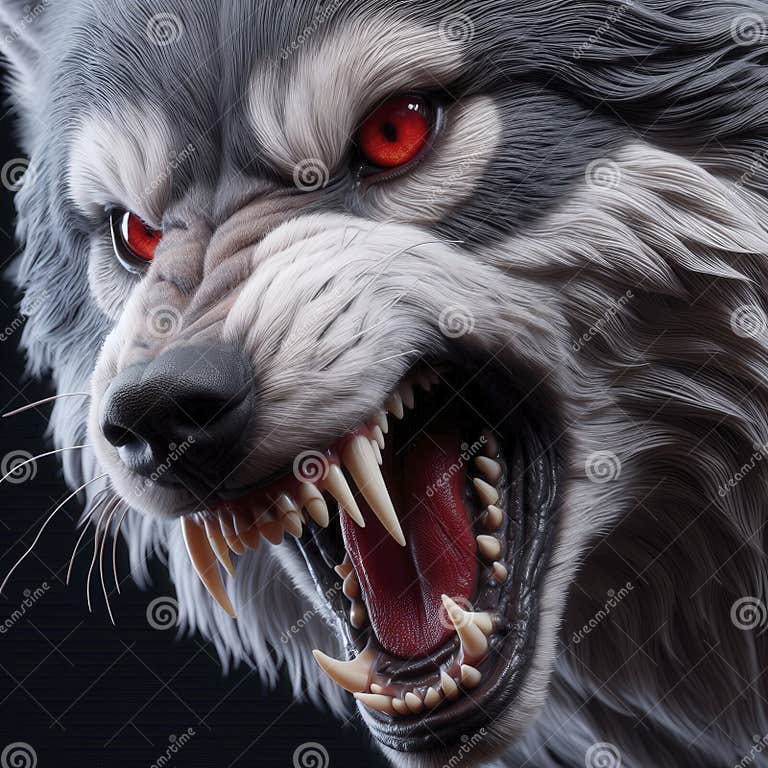 Hyper Realistic Macro of a Fierce Wolf Growling with Sharp Red Eyes on ...