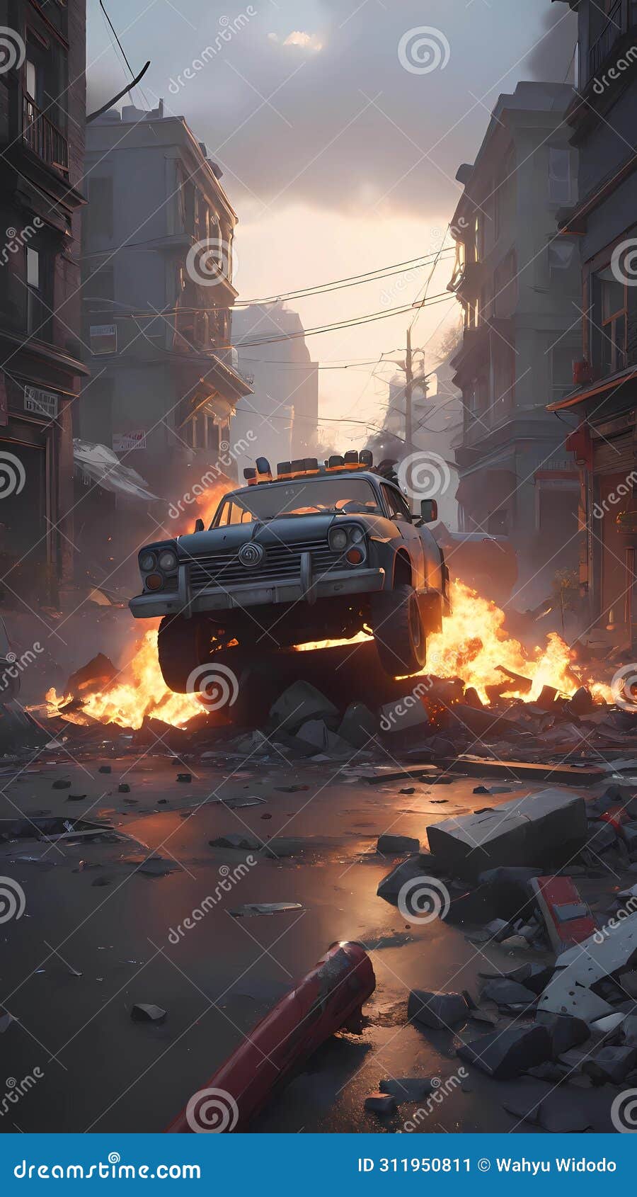 Car Explosion in a Empty Abandoned City Illustration Wallpaper ...