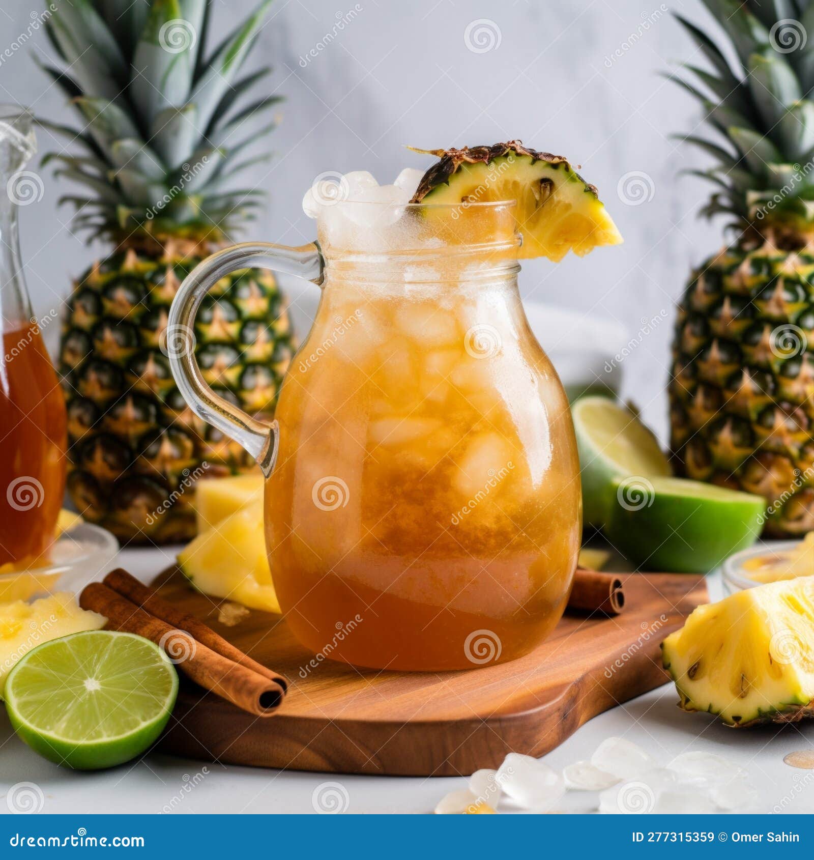 Pitcher of Tepache with Sliced Pineapples and Cinnamon Stick on a Table ...