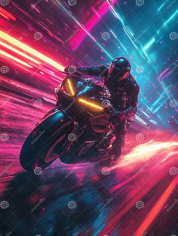 Neon Motorcycle Racing in Synthwave Style Stock Illustration ...