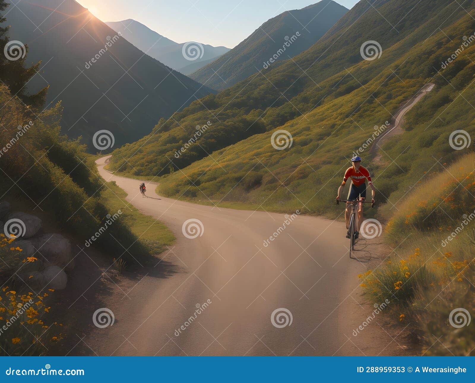 Serene Morning Ride: Mountain Biking at Sunrise Stock Illustration ...