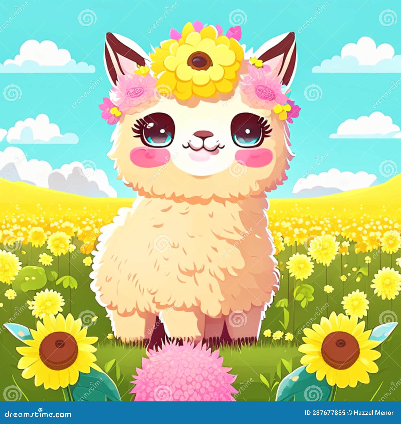 Llama Frolic in Sunflower Meadow Stock Illustration - Illustration of ...