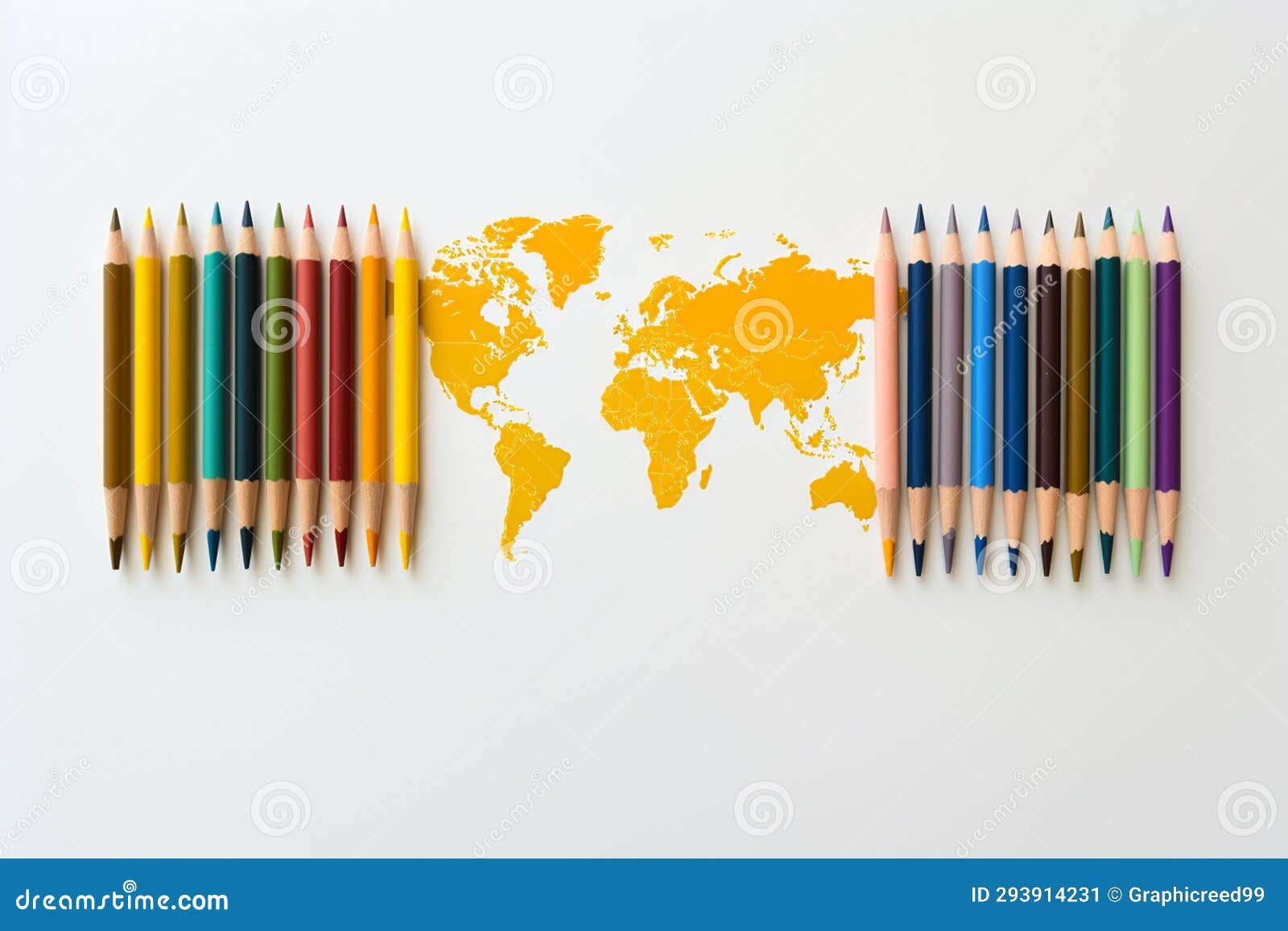 Colored Pencils with World Map on White Background. Top View Ai ...