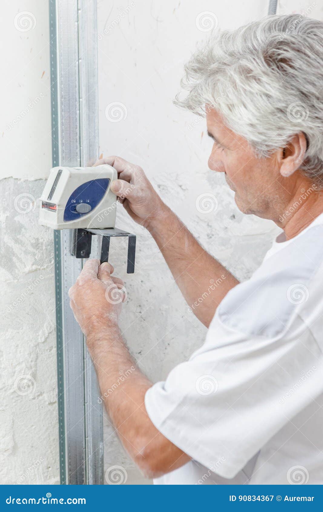 Experienced Mason Measuring Wall Stock Image - Image of repairment ...