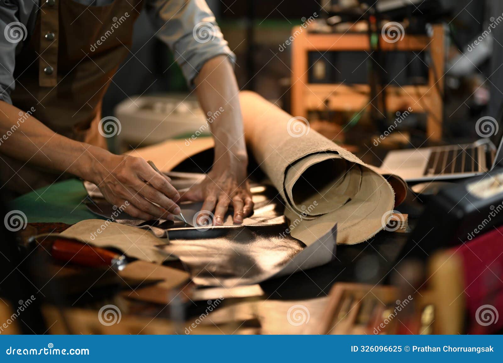 Experienced Shoemaker Cutting Leather Parts on Workbench in His ...