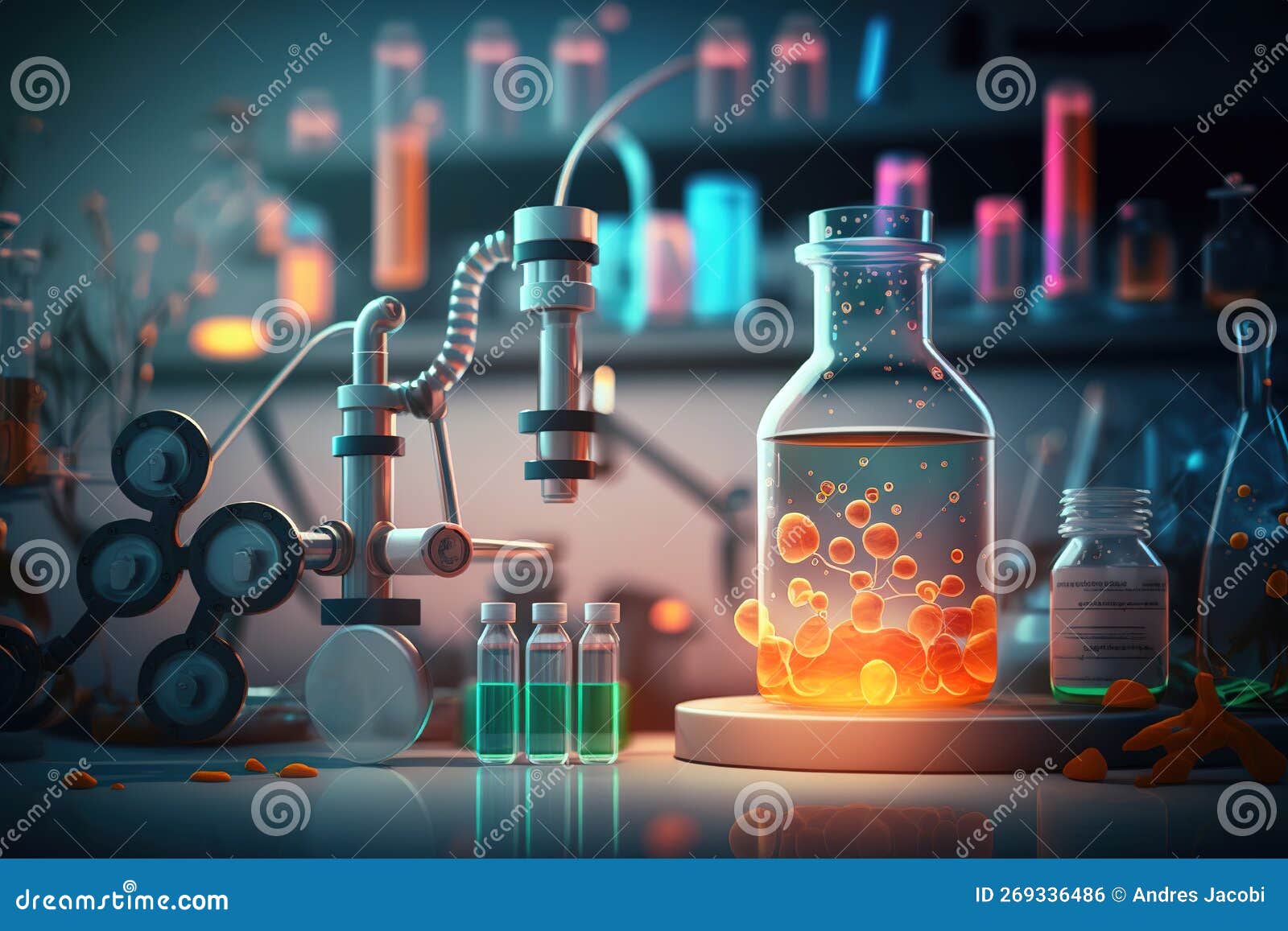 Experimental Lab Chemistry with Microscope and Tubes with Fluorescent ...