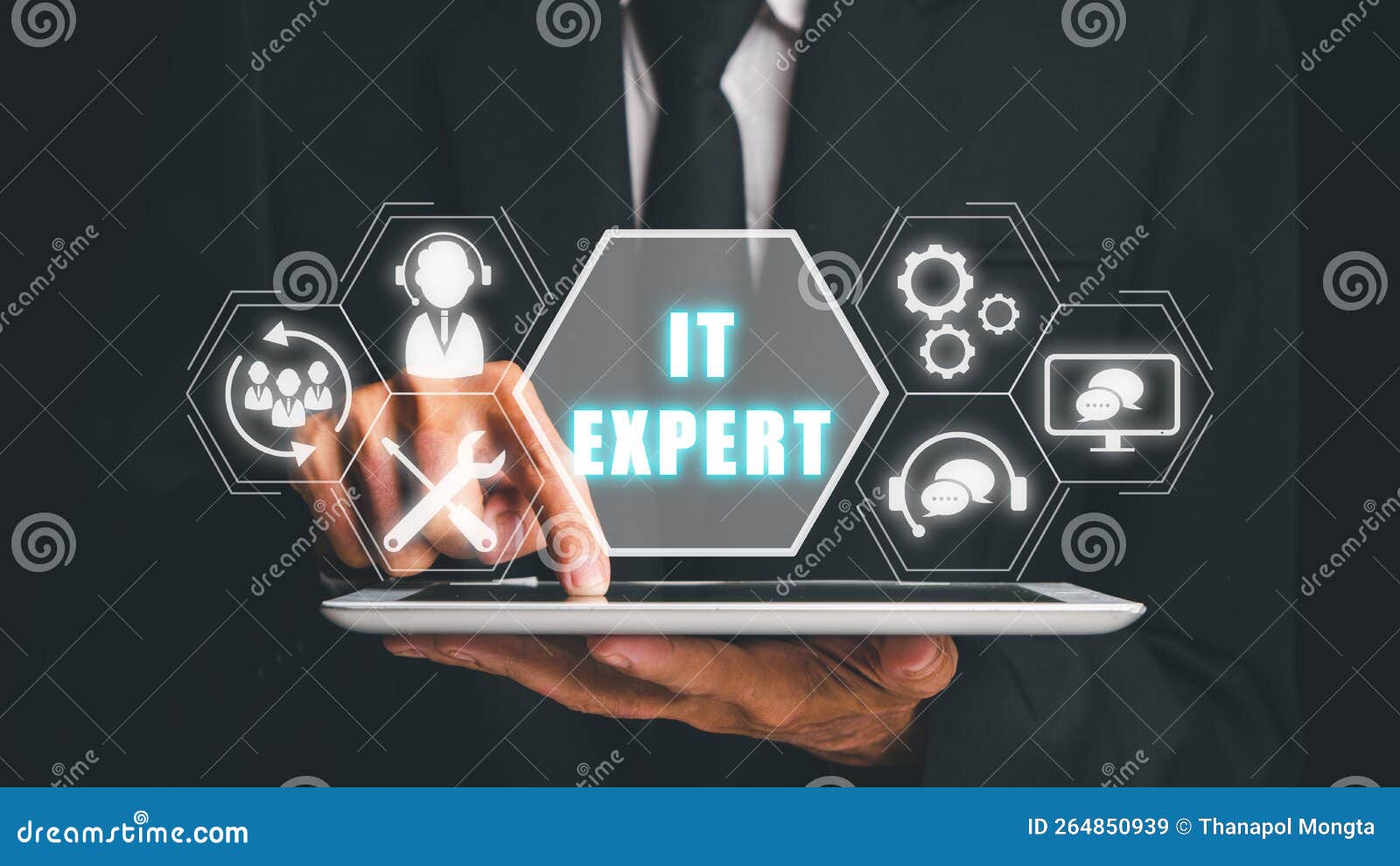 It Expert Concept, Person Hand Using Digitla Tablet with it Expert Icon ...