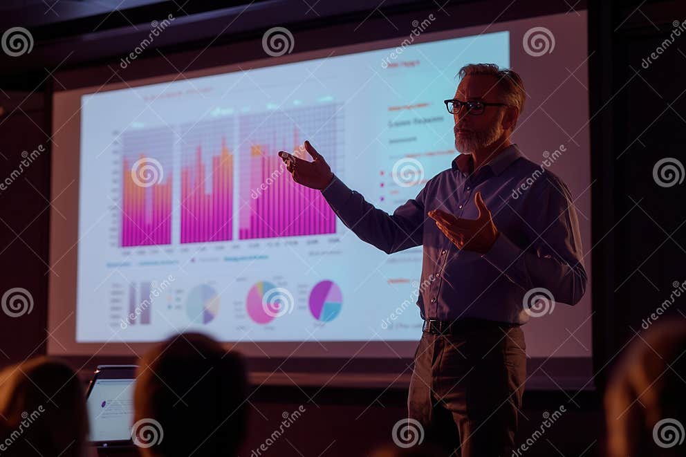 An Expert Confidently Delivers a Presentation at a Conference, Showcasing Impactful Data ...
