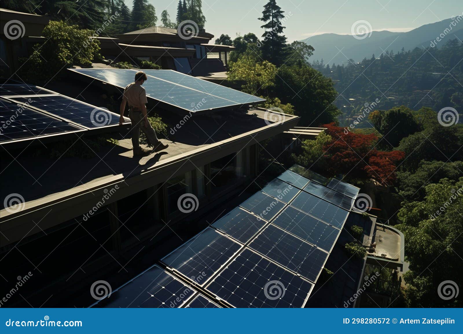 Expert Construction Worker Fitting House With Solar Panel. Sustainable ...