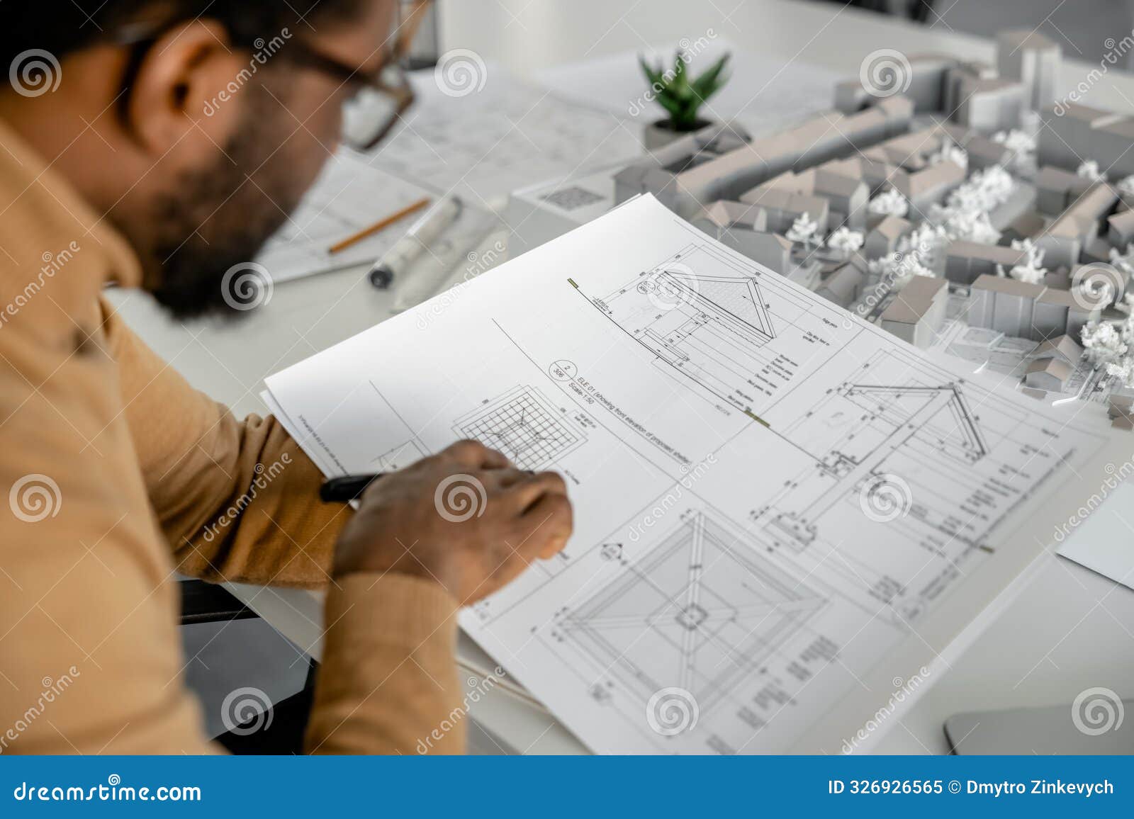 Expert Man Architect Drawing Blueprints in His Workplace Stock Image ...
