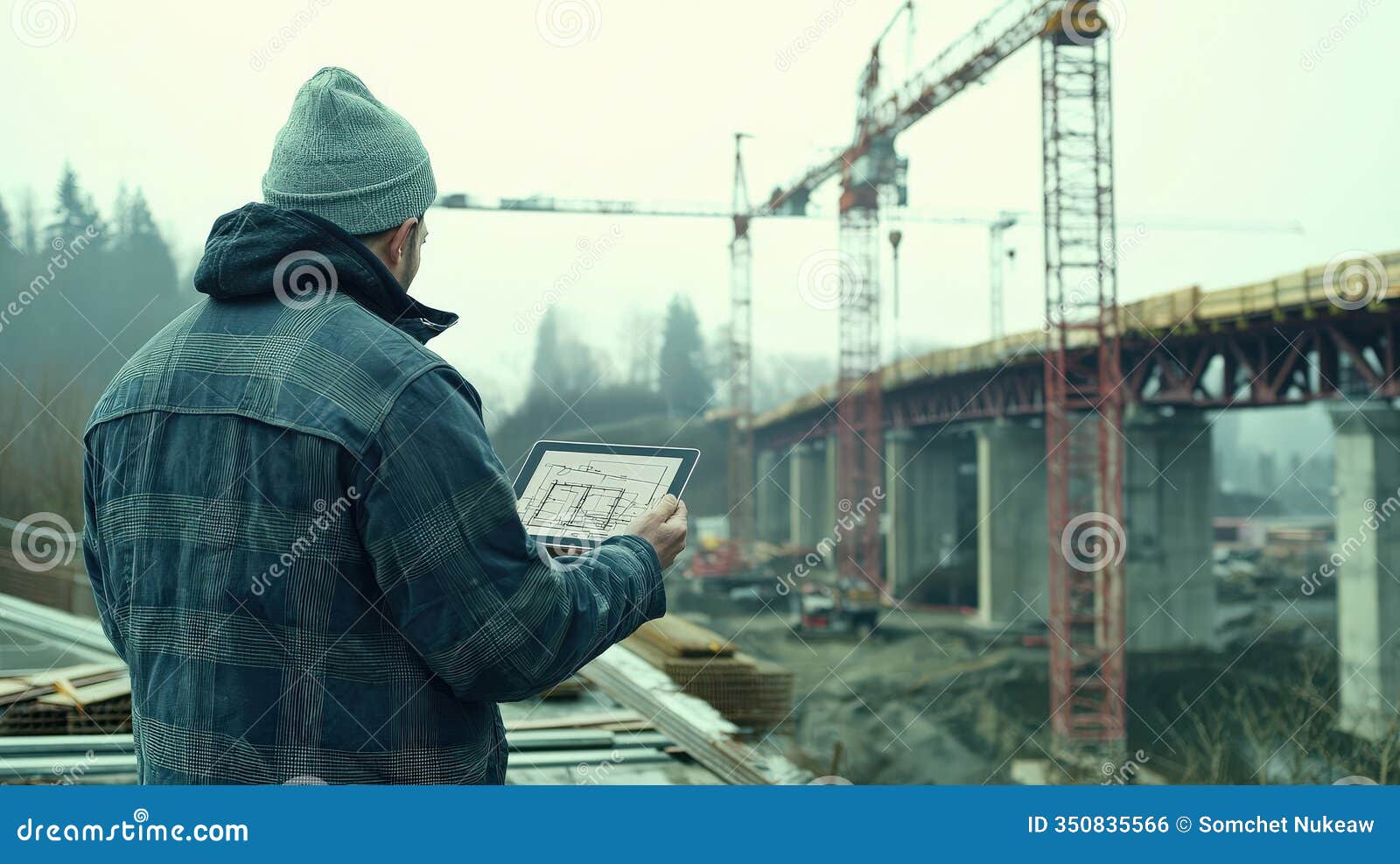 Expert Structural Engineer Reviewing Urban Bridge Project Plans On ...