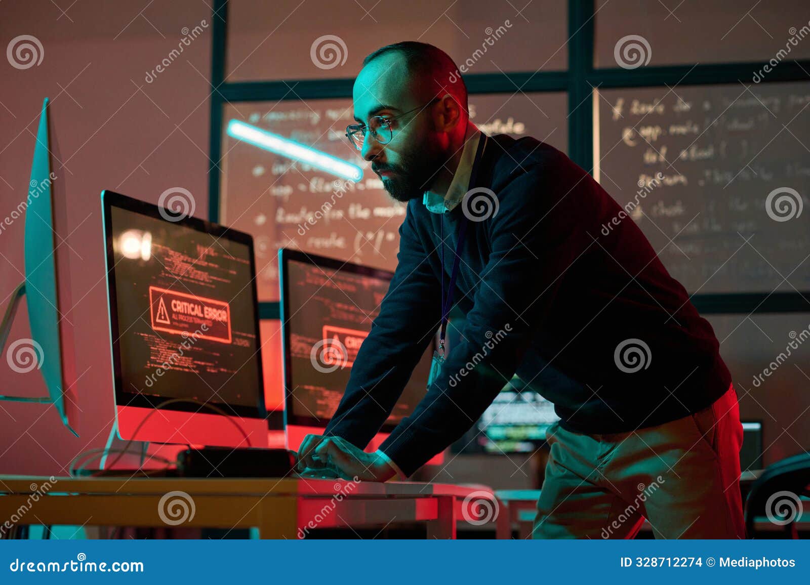It Expert Using Computer with Red Error Alert Stock Photo - Image of ...