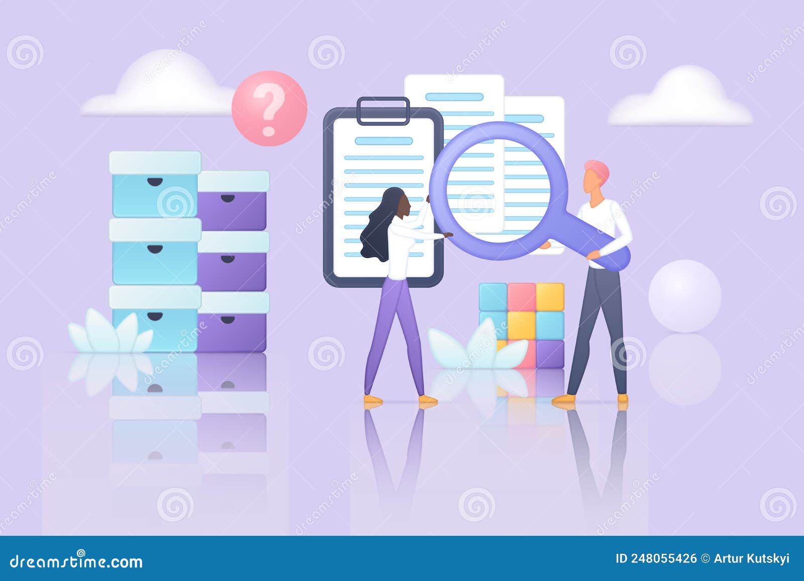 FAQ Inquiry Set, Tiny People Look Through Magnifying Glass At FAQ ...