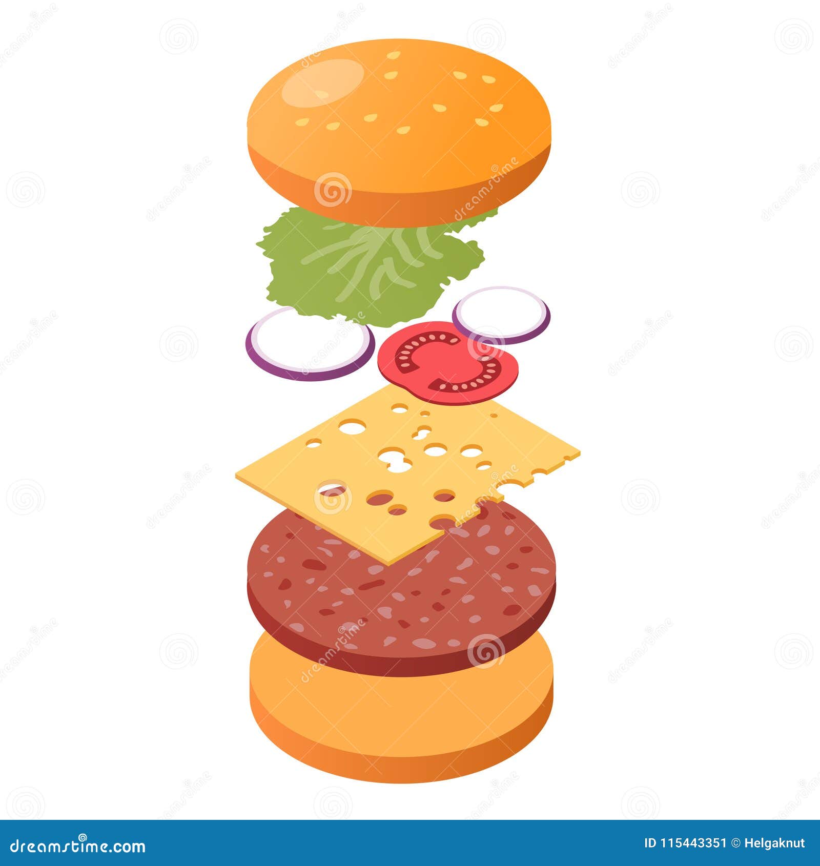 Explode Burger Ingredients Isometric View, Fastfood Concept Stock ...